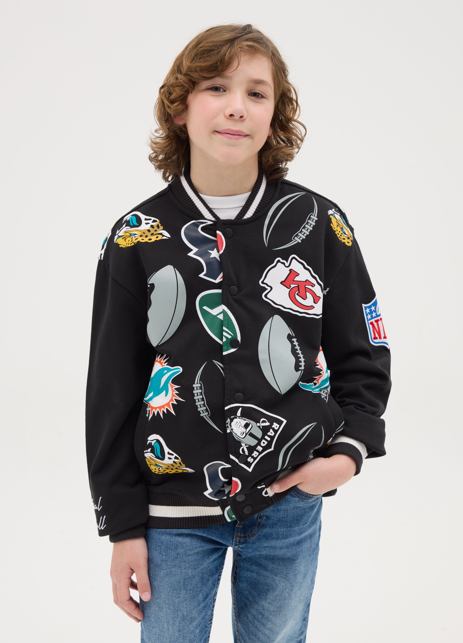 NFL Teen Boy's Varsity bomber jacket with all-over NBA team logos print ...