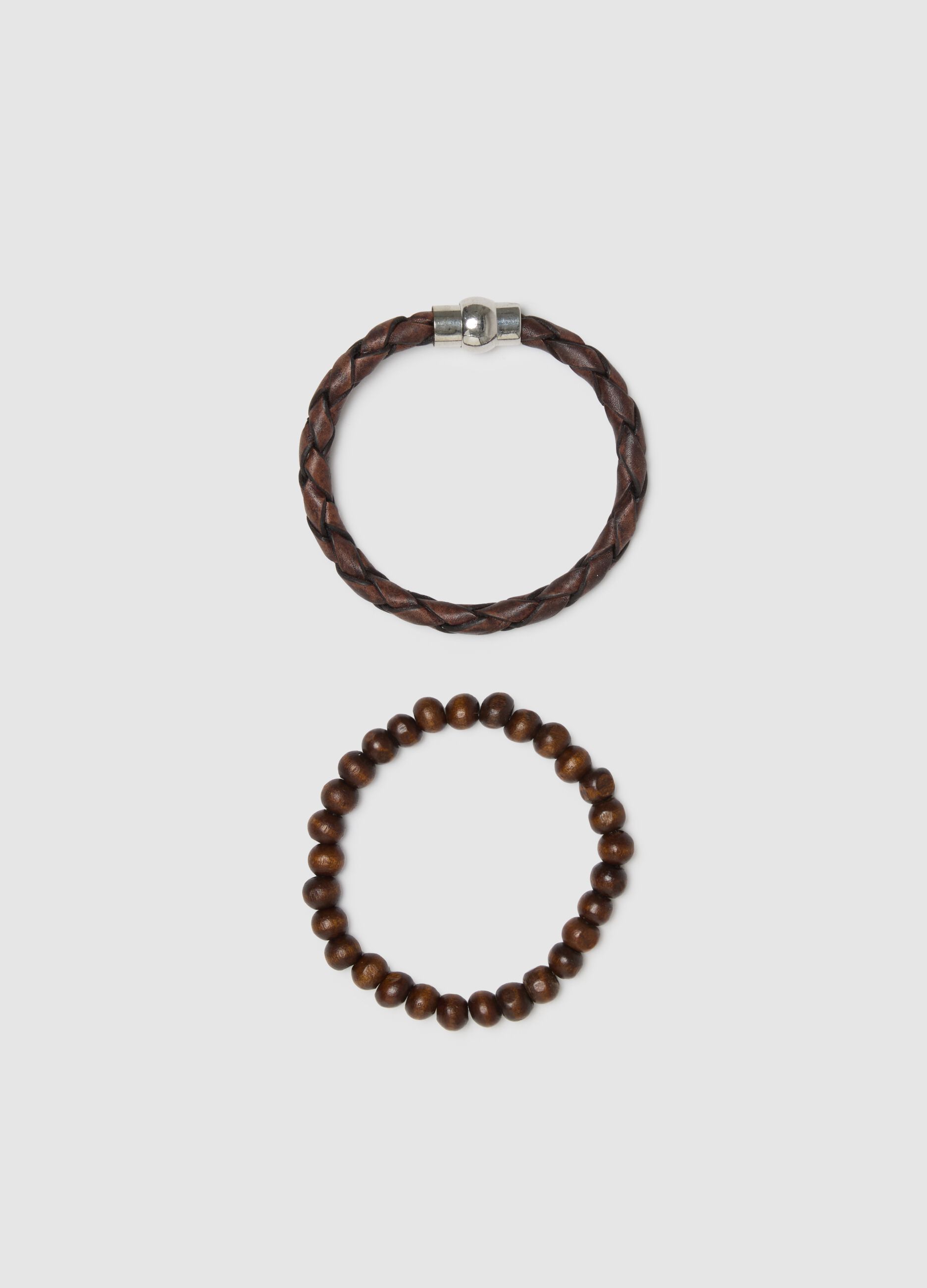 Man's Two-pack of genuine leather and brown wood bracelets | OVS