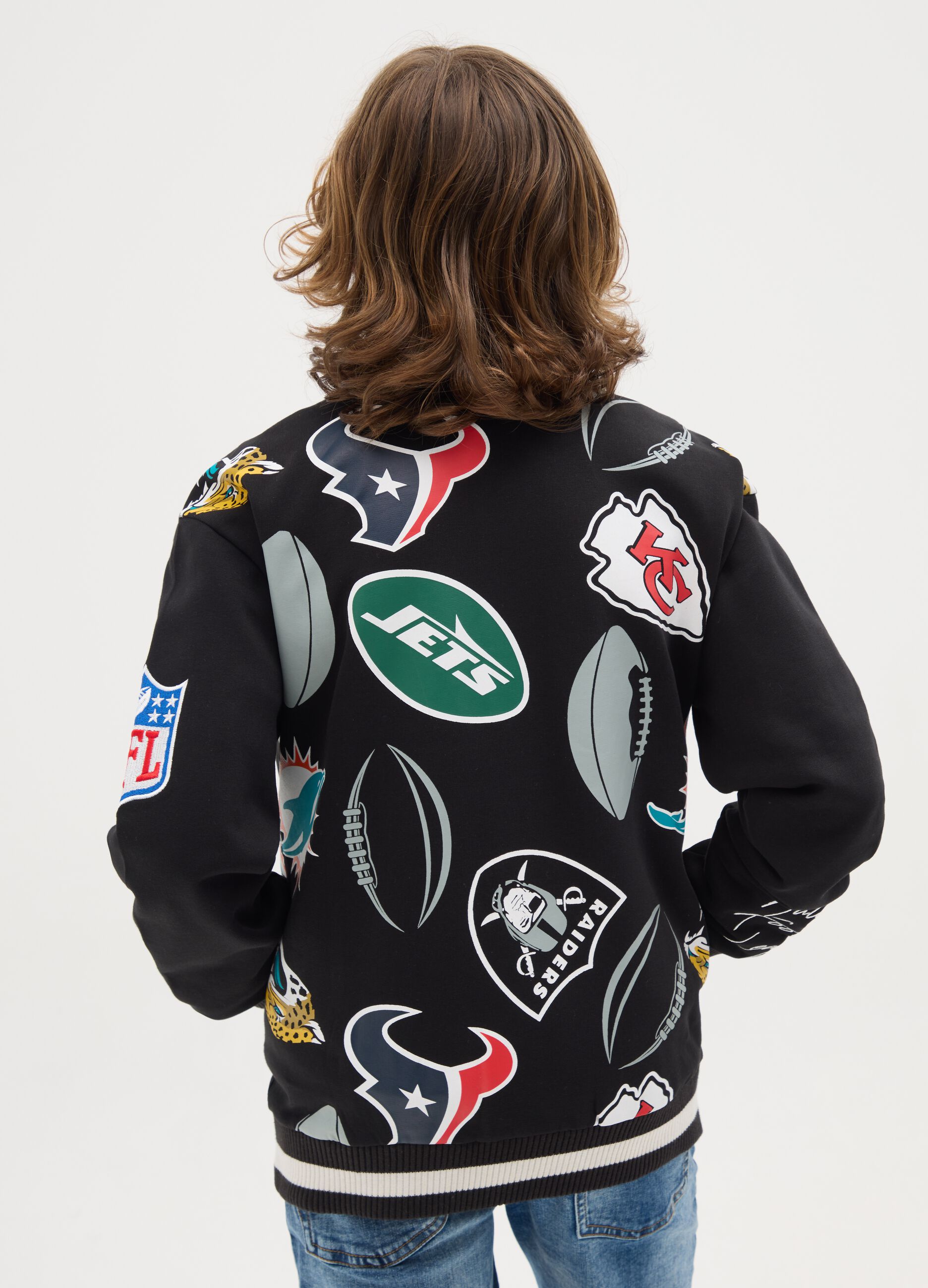 NFL Teen Boy's Varsity bomber jacket with all-over NBA team logos print ...