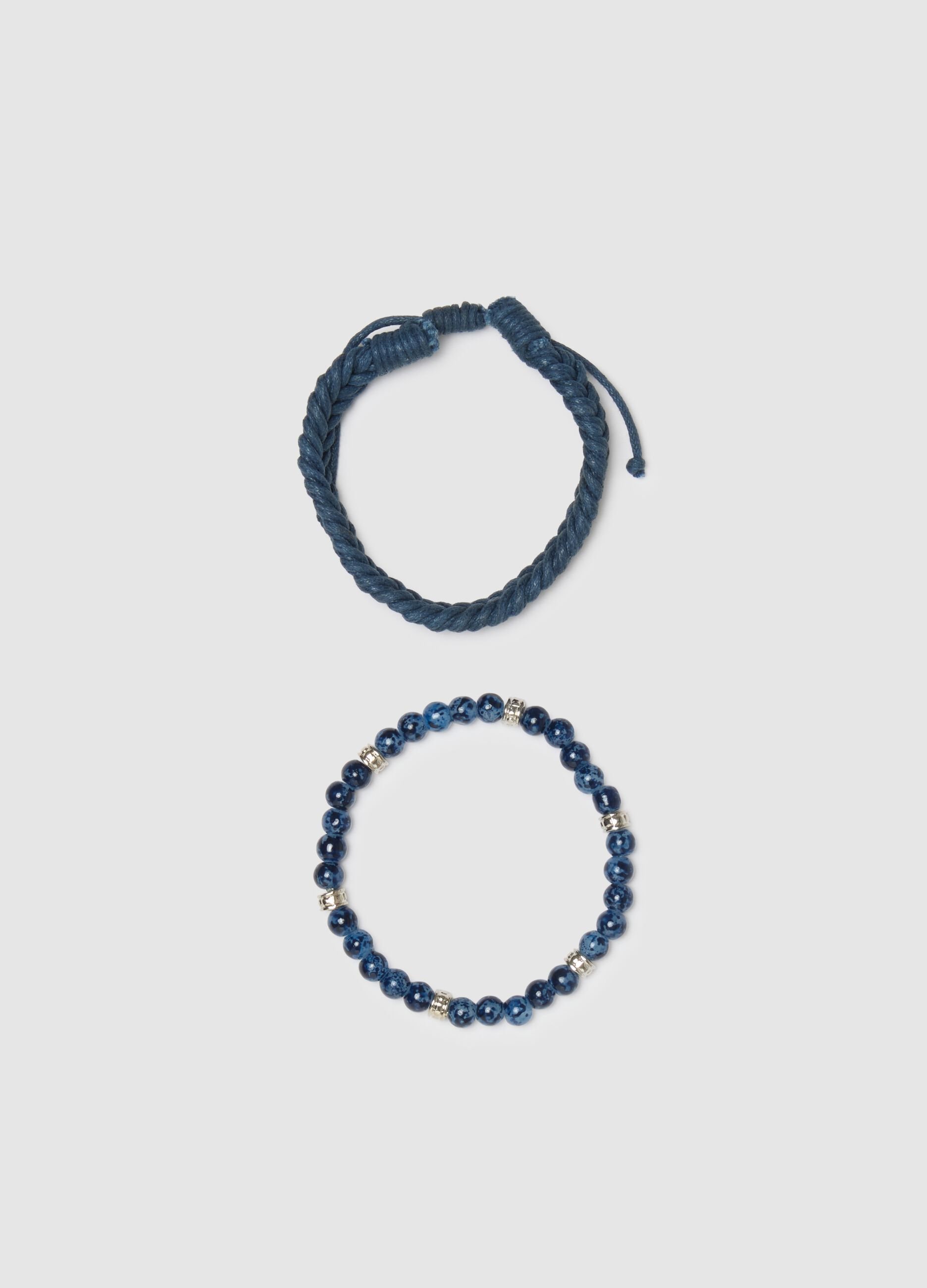 Man's Blue bracelet twin pack with glass beads and woven design | OVS