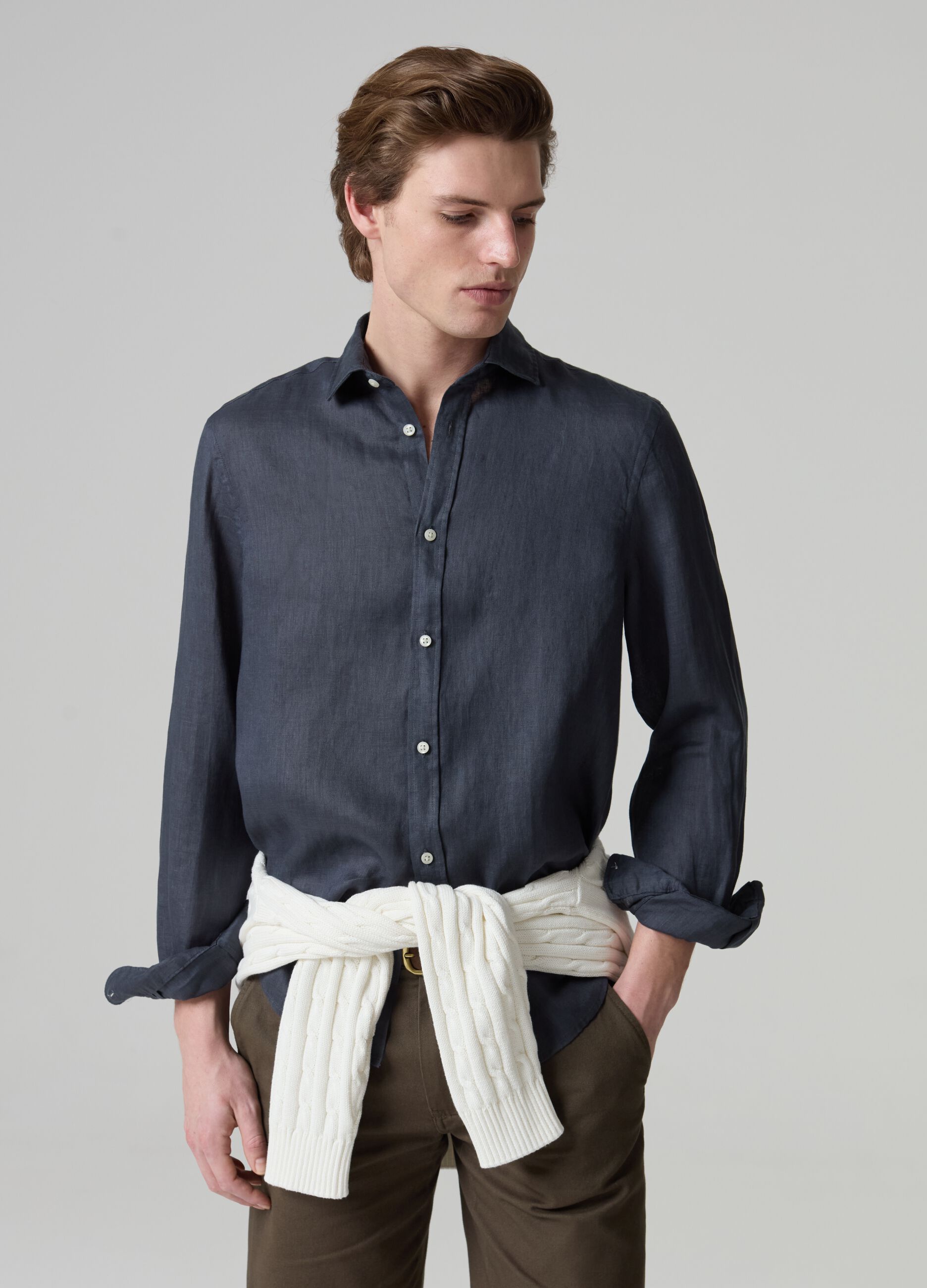 PIOMBO Man's Granite Grey Solid colour linen shirt | OVS