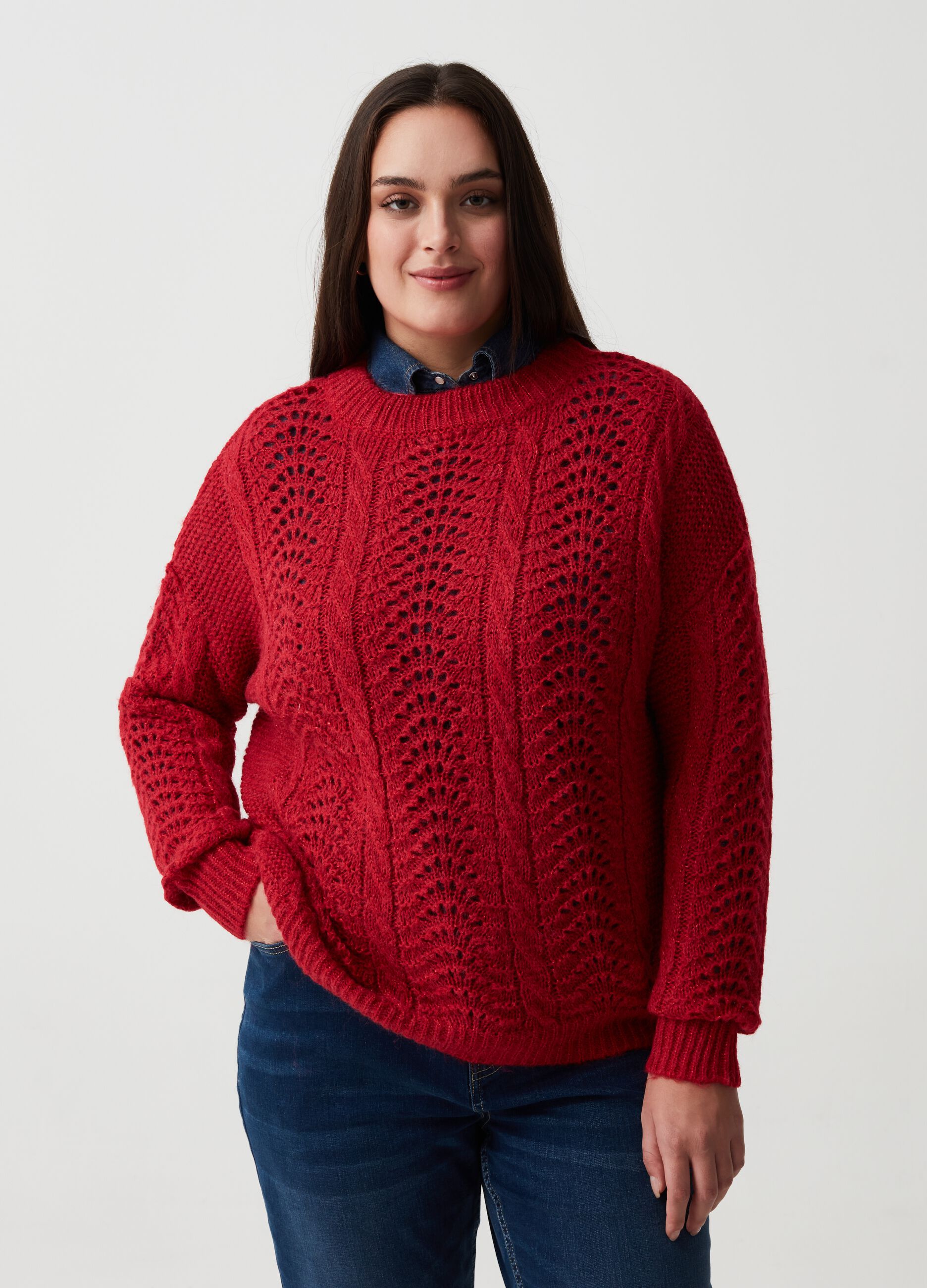 MYA Woman's Geranium Red Curvy lurex pullover with pointelle design | OVS